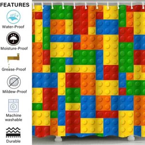 ENCOFT 2 Pcs Lego Shower Curtain with Non-Slip Bathroom Rug,Kid Funny Waterproof Shower Curtain Sets with Bath Mat and 12 Hooks