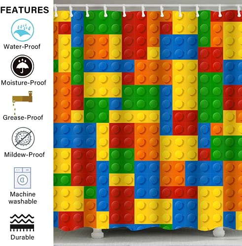 ENCOFT 2 Pcs Lego Shower Curtain with Non-Slip Bathroom Rug,Kid Funny Waterproof Shower Curtain Sets with Bath Mat and 12 Hooks