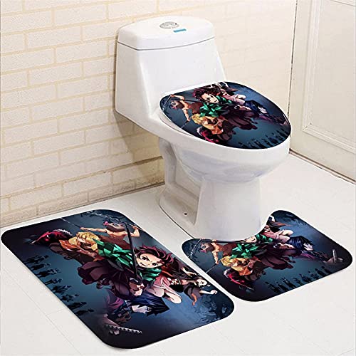 Superdada 4 Piece Demon Slayer Bath Set Shower Curtain Set with Non-Slip Rug, Toilet Lid Cover, Bath Mat and 12 Hooks, Waterproof Anime Shower Curtain Set for Bathroom 70'' x 70'' (Color:A)