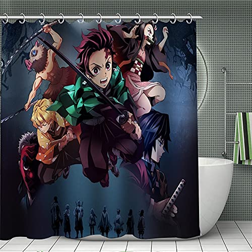 Superdada 4 Piece Demon Slayer Bath Set Shower Curtain Set with Non-Slip Rug, Toilet Lid Cover, Bath Mat and 12 Hooks, Waterproof Anime Shower Curtain Set for Bathroom 70'' x 70'' (Color:A)