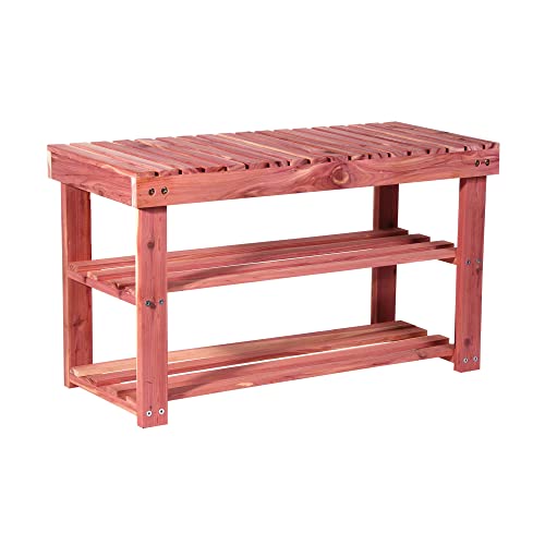 Household Essentials CedarFresh 2-Tier Cedar Shoe Rack and Seat Bench, 31.5"w x 17.5"h x 12.4"d, Red,natural