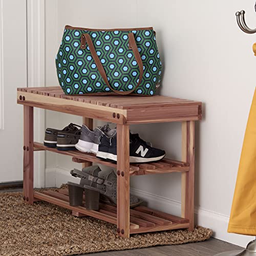 Household Essentials CedarFresh 2-Tier Cedar Shoe Rack and Seat Bench, 31.5"w x 17.5"h x 12.4"d, Red,natural