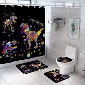 AtGoWac 4 Pcs Dinosaur Bathroom Set Dinosaur Shower Curtain Sets with Rugs, Cool Black Dinosaur Bath Mat, T-Rex Shower Curtain Kids Bathroom Decor Sets