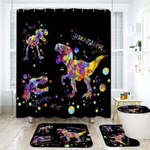 AtGoWac 4 Pcs Dinosaur Bathroom Set Dinosaur Shower Curtain Sets with Rugs, Cool Black Dinosaur Bath Mat, T-Rex Shower Curtain Kids Bathroom Decor Sets