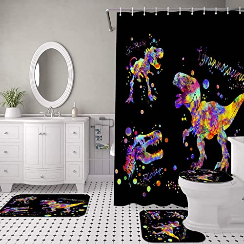 AtGoWac 4 Pcs Dinosaur Bathroom Set Dinosaur Shower Curtain Sets with Rugs, Cool Black Dinosaur Bath Mat, T-Rex Shower Curtain Kids Bathroom Decor Sets