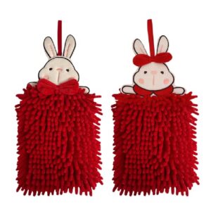 nufr 2 pack cute rabbit red chenille hanging hand towel with loop for kitchen bathroom, absorbent small hand drying cloth