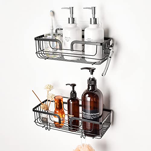 YOHOM Shower Caddy Organizer with 2 Hooks Strong Adhesive Shower Shelf for inside Shower No Drilling Rustproof Stainless Steel Bathroom Caddy Basket Shampoo Holder Storage Black 2pcs