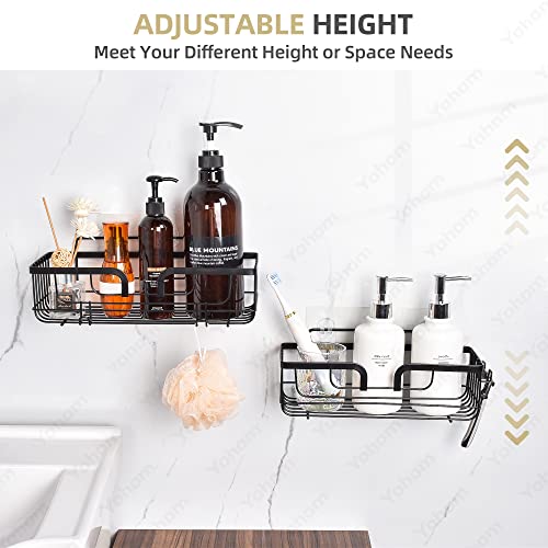 YOHOM Shower Caddy Organizer with 2 Hooks Strong Adhesive Shower Shelf for inside Shower No Drilling Rustproof Stainless Steel Bathroom Caddy Basket Shampoo Holder Storage Black 2pcs