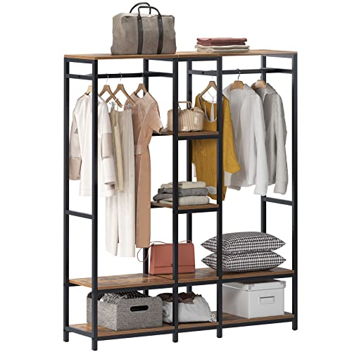 DlandHome Free Standing Closet Organizer, Heavy Duty Garment Rack with Storage Shelves Wardrobe Closet Storage with Shelves with 2 Rods Large Clothing Rack for Hallway, Bedroom