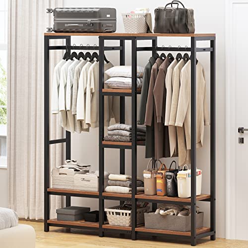 DlandHome Free Standing Closet Organizer, Heavy Duty Garment Rack with Storage Shelves Wardrobe Closet Storage with Shelves with 2 Rods Large Clothing Rack for Hallway, Bedroom