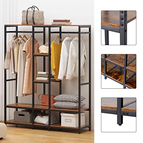 DlandHome Free Standing Closet Organizer, Heavy Duty Garment Rack with Storage Shelves Wardrobe Closet Storage with Shelves with 2 Rods Large Clothing Rack for Hallway, Bedroom