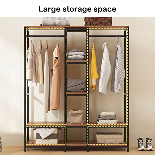 DlandHome Free Standing Closet Organizer, Heavy Duty Garment Rack with Storage Shelves Wardrobe Closet Storage with Shelves with 2 Rods Large Clothing Rack for Hallway, Bedroom