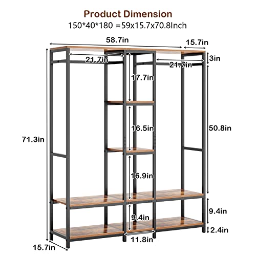 DlandHome Free Standing Closet Organizer, Heavy Duty Garment Rack with Storage Shelves Wardrobe Closet Storage with Shelves with 2 Rods Large Clothing Rack for Hallway, Bedroom