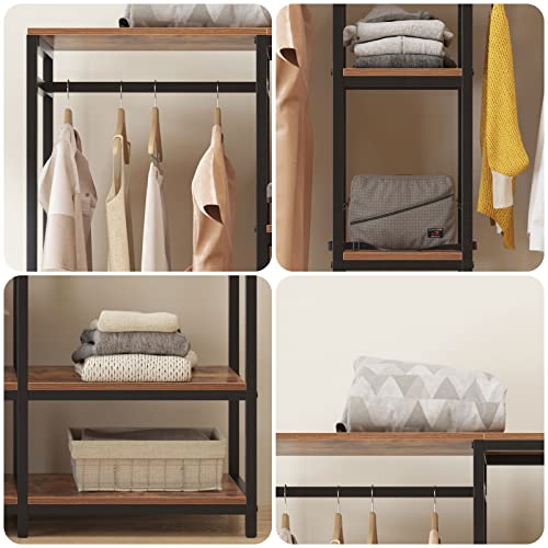 DlandHome Free Standing Closet Organizer, Heavy Duty Garment Rack with Storage Shelves Wardrobe Closet Storage with Shelves with 2 Rods Large Clothing Rack for Hallway, Bedroom