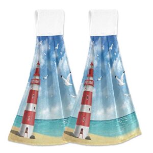 junzan lighthouse kitchen hand towel 2pcs super soft absorbent deco hanging tie towels washcloth for bathroom,mudroom,laundry room,farmhouse,beach