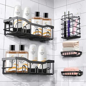 shower caddy 5 pack, bathroom organizer upgraded stronger adhesive shower shelf stainless steel large storage no drilling rustproof wall mounted shower racks for inside shower kitchen dorm black