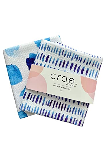 Crae Home Waffle Weave Pattern Microfiber Two Hand Towel Set (Ocean Drops/Blotched)