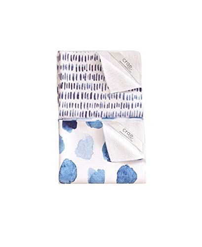 Crae Home Waffle Weave Pattern Microfiber Two Hand Towel Set (Ocean Drops/Blotched)