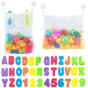 comfylife 2 x mesh bath toy organizer + 6 ultra strong hooks + 36 bath letters & numbers – eco-safe, fun, educational foam baby bath letters and perfect toy storage net for baby bath toys & more