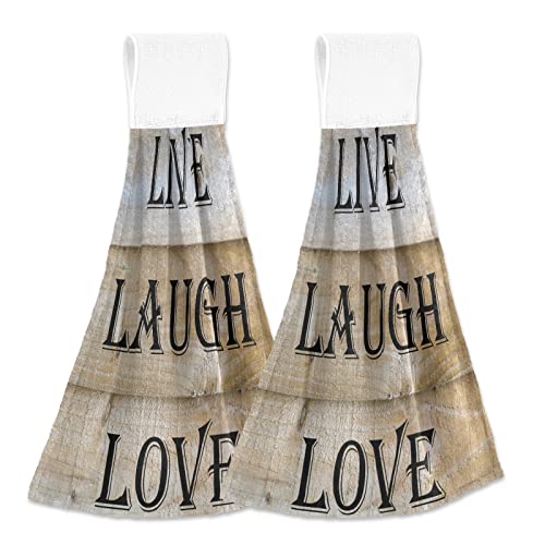 Oarencol Live Laugh Love Heart Wooden Kitchen Hand Towel Absorbent Hanging Tie Towels with Loop for Bathroom 2 Pcs