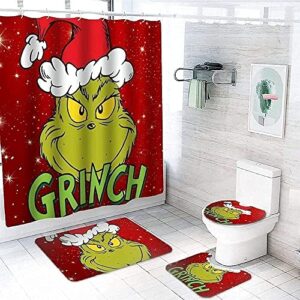 zmme christmas shower curtain 4-piece set, with non-slip carpet, toilet lid and bath mat, 12 hooks christmas shower curtain bathroom set holiday home decoration