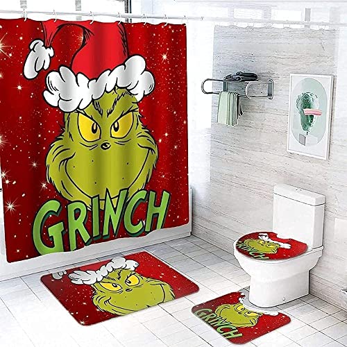 ZMME Christmas Shower Curtain 4-Piece Set, with Non-Slip Carpet, Toilet lid and Bath mat, 12 Hooks Christmas Shower Curtain Bathroom Set Holiday Home Decoration