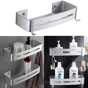 Coolnice 2 Pack Shower Caddy Shelf Organizer Aluminum Rectangle Shower Shelf with 4 Hooks Wall Mount Bathroom Shelf for Bathroom Toilet Kitchen No Need Drilling with Adhesive-Silver