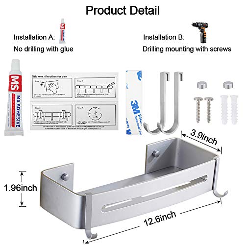 Coolnice 2 Pack Shower Caddy Shelf Organizer Aluminum Rectangle Shower Shelf with 4 Hooks Wall Mount Bathroom Shelf for Bathroom Toilet Kitchen No Need Drilling with Adhesive-Silver