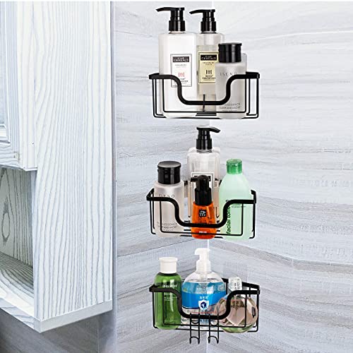 3-Pack Adhesive Corner Shower Shelf, Black Shower Caddy, Wall Mounted Rust Resistant Metal Bathroom Shelf, No Drilling Metal Storage Organizer Racks with Removable Hooks for Kitchen, Toilet and Dorm.