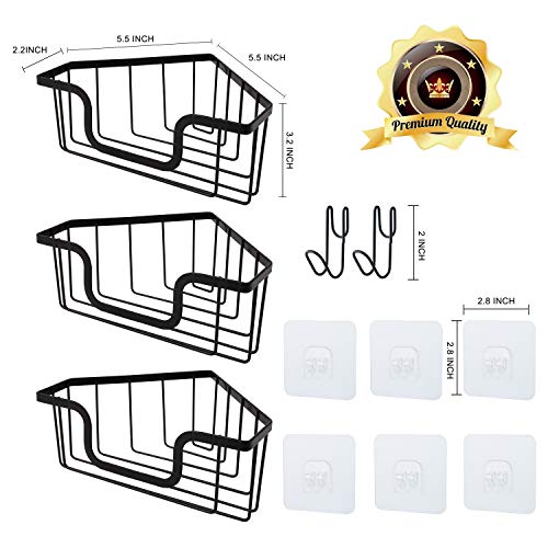 3-Pack Adhesive Corner Shower Shelf, Black Shower Caddy, Wall Mounted Rust Resistant Metal Bathroom Shelf, No Drilling Metal Storage Organizer Racks with Removable Hooks for Kitchen, Toilet and Dorm.