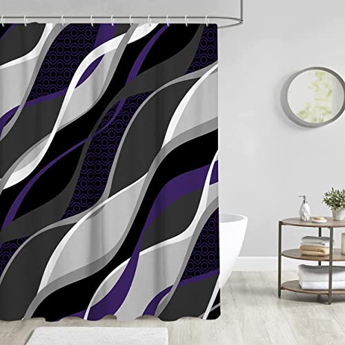 AAtter Purple Shower Curtain Black Grey Gray White Modern Dark Accent Lavender Lilac Boho Abstract Weave Textured Neutral Plum Geometric Stripe Home Bathroom Decor Bathtub Set, 60x72, Contemporary