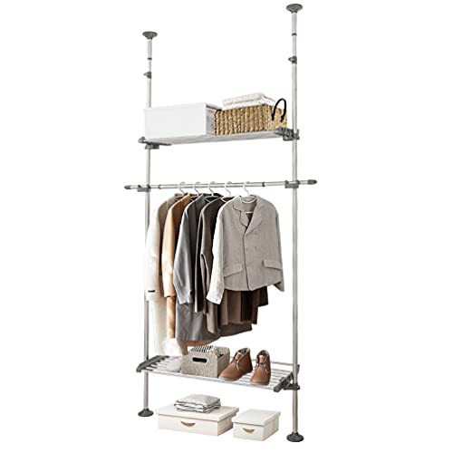 BAOYOUNI Standing Garment Rack Clothes Hanger Storage Organizer Adjustable Heavy Duty Laundry Shelf Double Tension Pole with 2 Large Shelves and 1 Telescopic Haning Rod - Grey