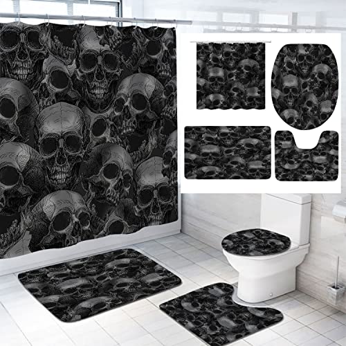 KKH Black Skulls Shower Curtain Set Bathroom, Black andWhite Halloween Scary Skull Bath Curtains Bathroom Set 4Pcs/Set Game Bathroom Decor, 72X72 Inch