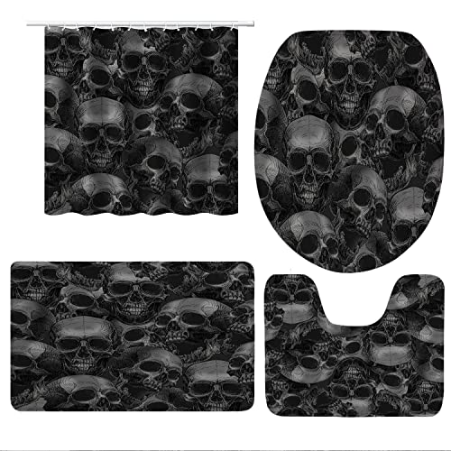 KKH Black Skulls Shower Curtain Set Bathroom, Black andWhite Halloween Scary Skull Bath Curtains Bathroom Set 4Pcs/Set Game Bathroom Decor, 72X72 Inch