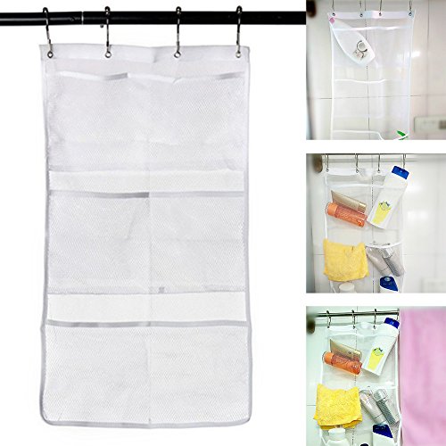 Laipi Shower Storage Organizer Hangers, Washable Multi Pockets Mesh Net Storage Bag with Storage Organizer Hangers for Home Bathroom