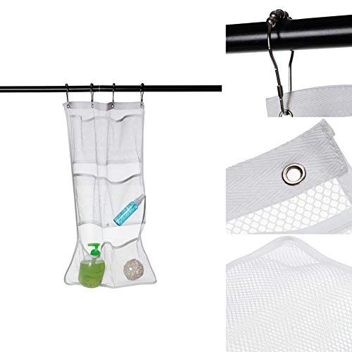 Laipi Shower Storage Organizer Hangers, Washable Multi Pockets Mesh Net Storage Bag with Storage Organizer Hangers for Home Bathroom