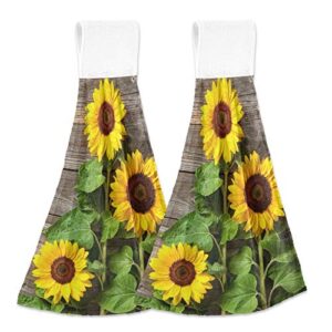 vintage sunflowers kitchen towels sets summer wood board hanging hand towel dish towel with loop 2pcs, soft super absorbent dishcloths fingertip towel for bathroom washroom guestroom hotel 12x17 in