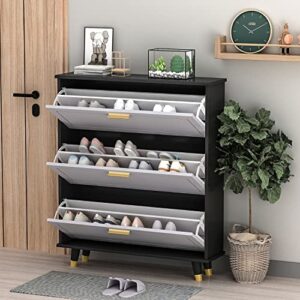 FAMAPY Entryway Shoe Storage Cabinet with 3 Flip Drawers, Wood Shoe Organizer for Entryway with Legs, Gold Handles, for Hallway Grey (35.4”W x 9.4”D x 47.2”H)