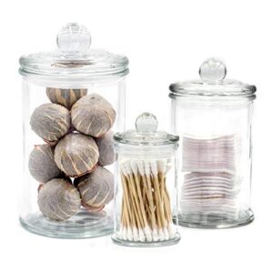 easeen mini glass apothecary jars, bathroom storage organizer canisters for cotton swabs, cotton balls, makeup sponges, bath salts, hair ties, makeup - set of 3