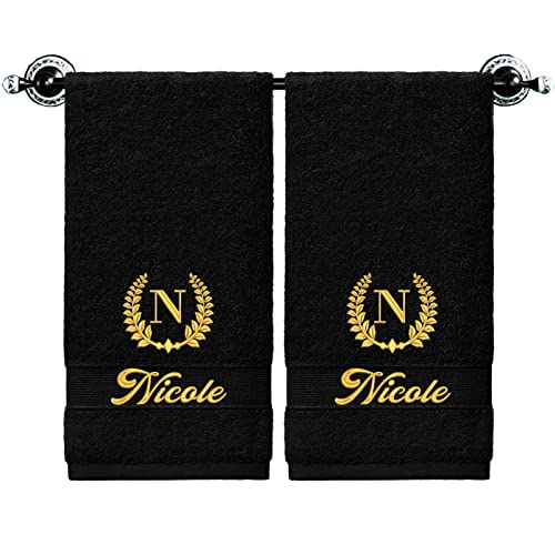 Custom Towel Set of 2, Monogrammed Hand Towels , Personalized Hand Towels with Names, 100% Cotton Luxury Embroidered Hand Towels for Personalized Gift Wedding Bathroom Spa (Black with Pattern)