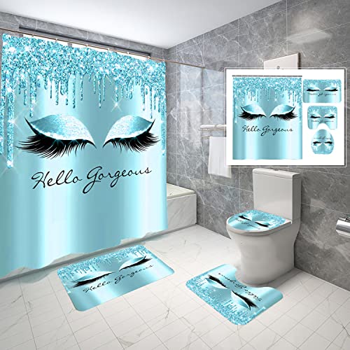 Bellcon 4Pcs Turquoise Hello Gorgeous Bathroom Sets with Rugs and Accessories for Women Lake Blue Bling Eyelash Shower Curtains Sets with Rugs Soft Bath Mat and Toilet Seat Cover