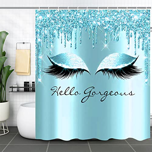 Bellcon 4Pcs Turquoise Hello Gorgeous Bathroom Sets with Rugs and Accessories for Women Lake Blue Bling Eyelash Shower Curtains Sets with Rugs Soft Bath Mat and Toilet Seat Cover