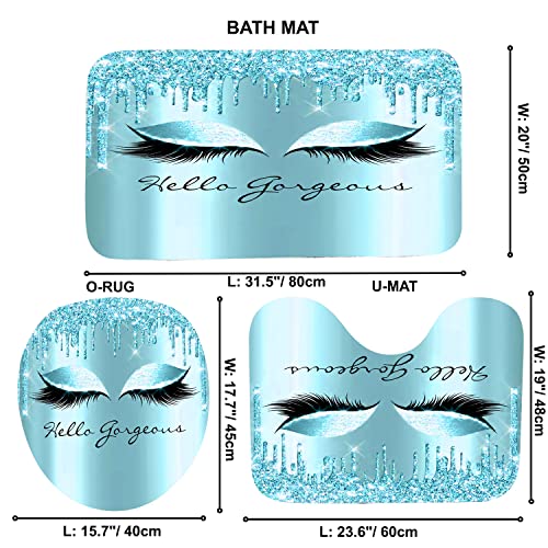 Bellcon 4Pcs Turquoise Hello Gorgeous Bathroom Sets with Rugs and Accessories for Women Lake Blue Bling Eyelash Shower Curtains Sets with Rugs Soft Bath Mat and Toilet Seat Cover