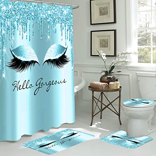 Bellcon 4Pcs Turquoise Hello Gorgeous Bathroom Sets with Rugs and Accessories for Women Lake Blue Bling Eyelash Shower Curtains Sets with Rugs Soft Bath Mat and Toilet Seat Cover