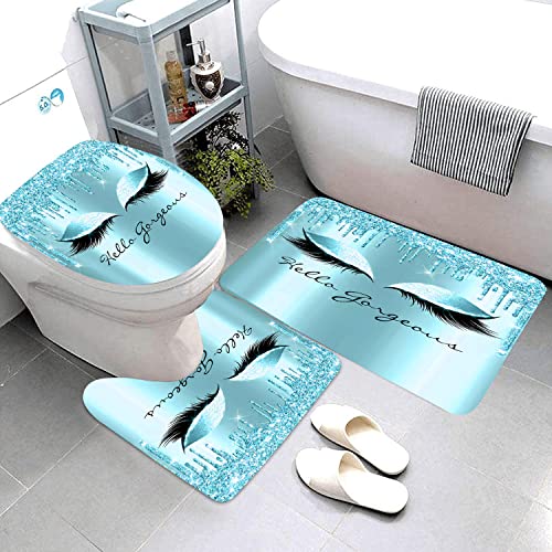 Bellcon 4Pcs Turquoise Hello Gorgeous Bathroom Sets with Rugs and Accessories for Women Lake Blue Bling Eyelash Shower Curtains Sets with Rugs Soft Bath Mat and Toilet Seat Cover