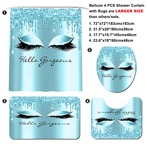 Bellcon 4Pcs Turquoise Hello Gorgeous Bathroom Sets with Rugs and Accessories for Women Lake Blue Bling Eyelash Shower Curtains Sets with Rugs Soft Bath Mat and Toilet Seat Cover