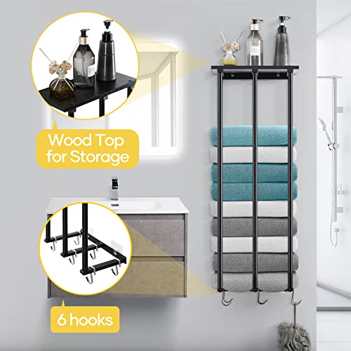 Towel Racks for Bathroom Wall Mounted, MOOACE 3 Bar Adhesive Rolled Towel Holders with Wood Top and 6 Hooks,Metal Bathroom Organizer for Folded Large Towel Washcloths - Black