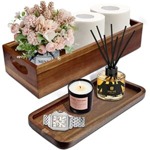 handmade toilet tank basket topper & vanity tray set of natural acacia wood by demigo, created by skilled artisans, smooth, durable, attractive decor for bathroom, kitchen, home, spa