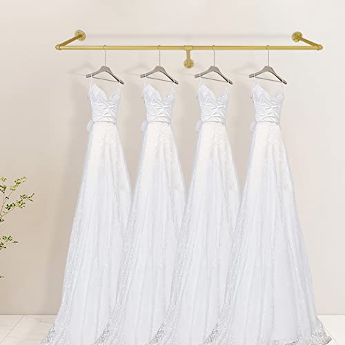 Industrial Pipe Wall Mounted Clothing Rack, Commercial or Residential Wardrobe Clothes Display Rod Retail Wedding Dress Display Rack Closet Storage Clothes Organizer (Gold)