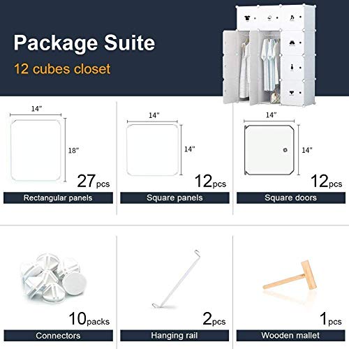 KOUSI Portable Wardrobe Closets 14"x18" Depth Cube Storage, Bedroom Armoire, Storage Organizer with Doors, 12 Cube, White